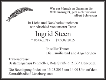 Traueranzeigen von Ingrid Steen | Trauer-Lüneburg.de