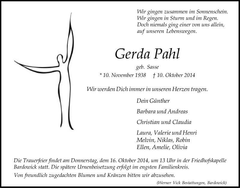 Traueranzeigen von Gerda Pahl | Trauer-Lüneburg.de