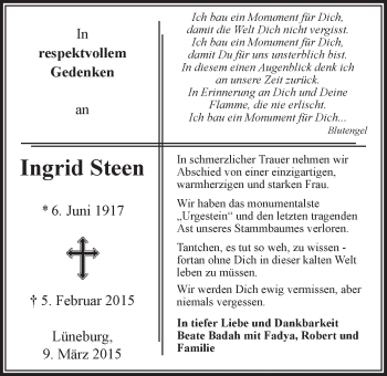 Traueranzeigen von Ingrid Steen | Trauer-Lüneburg.de