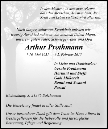 Traueranzeigen von Arthur Prothmann | Trauer-Lüneburg.de