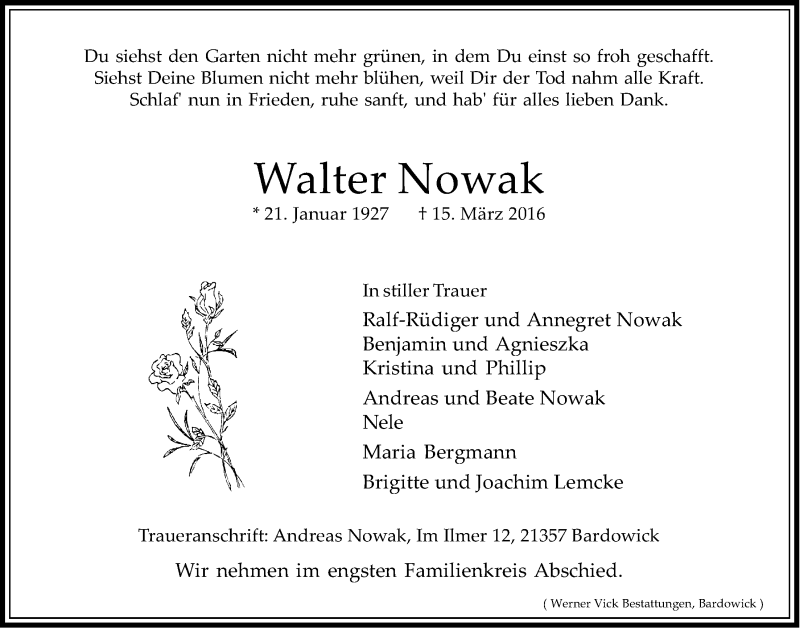 Traueranzeigen von Walter Nowak | Trauer-Lüneburg.de
