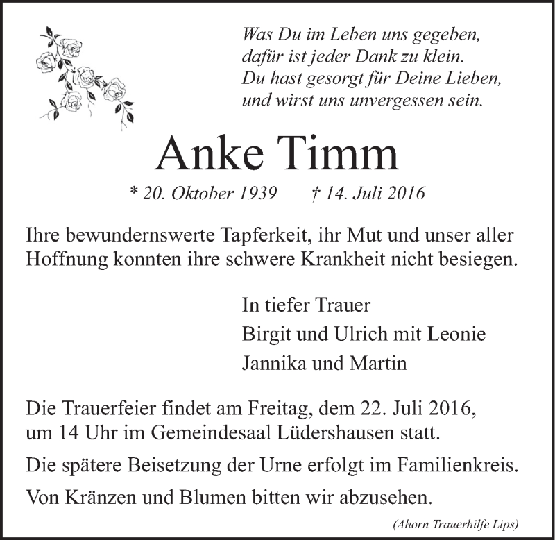 Traueranzeigen von Anke Timm | Trauer-Lüneburg.de
