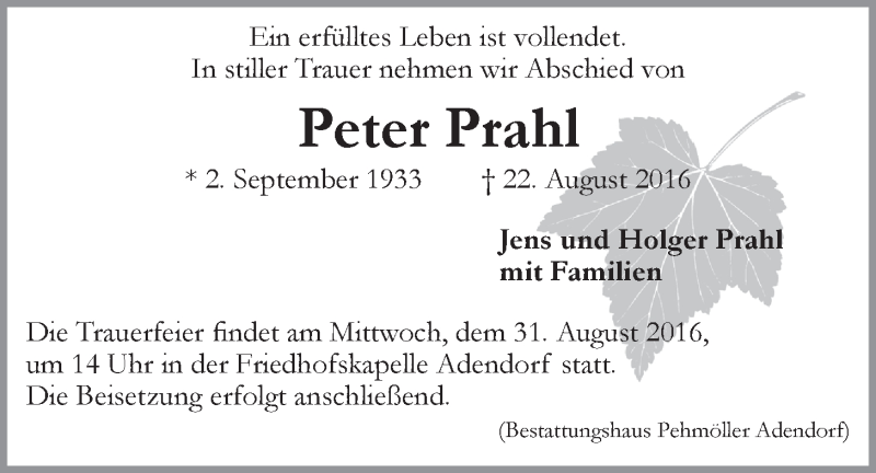 Traueranzeigen von Peter Prahl | Trauer-Lüneburg.de