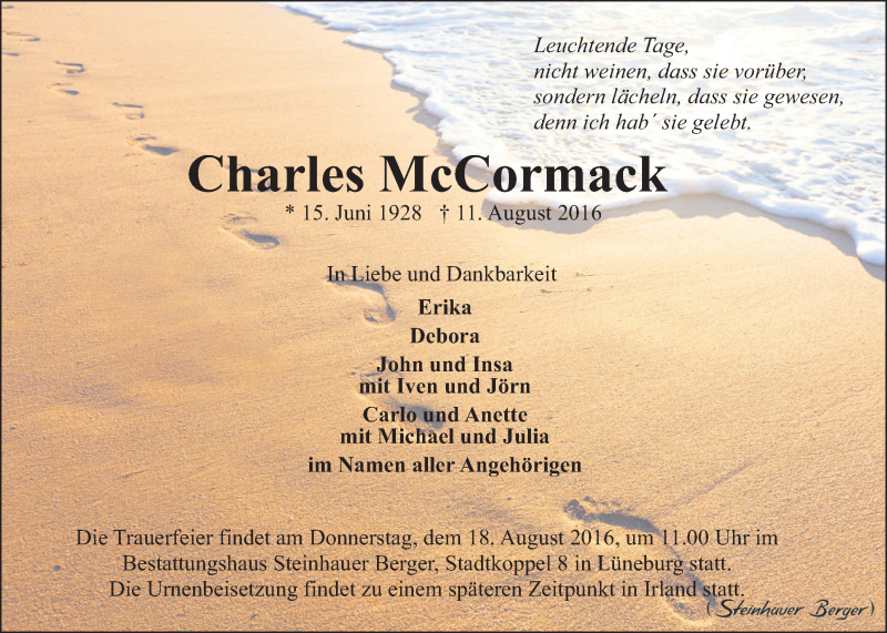 Traueranzeigen von Charles McCormack | Trauer-Lüneburg.de