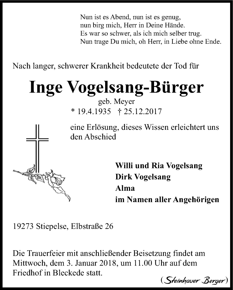 Traueranzeigen von Inge Vogelsang-Bürger | Trauer-Lüneburg.de
