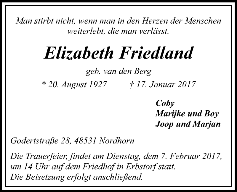 Traueranzeigen von Elizabeth Friedland | Trauer-Lüneburg.de