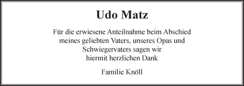 Traueranzeigen von Udo Matz | Trauer-Lüneburg.de