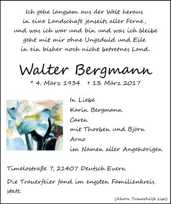 Traueranzeigen von Walter Bergmann | Trauer-Lüneburg.de