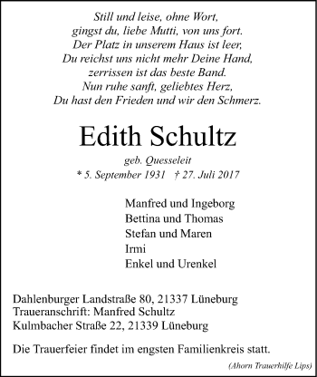 Traueranzeigen von Edith Schultz | Trauer-Lüneburg.de