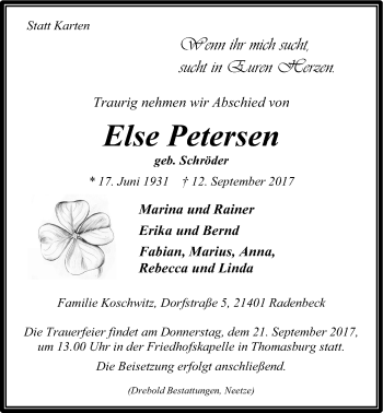Traueranzeigen von Else Petersen | Trauer-Lüneburg.de