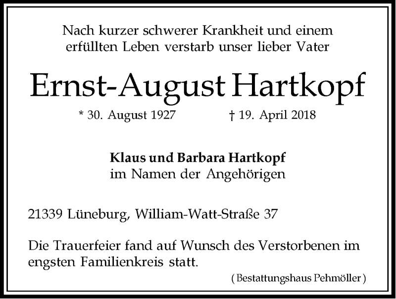 Traueranzeigen von Ernst-August Hartkopf | Trauer-Lüneburg.de