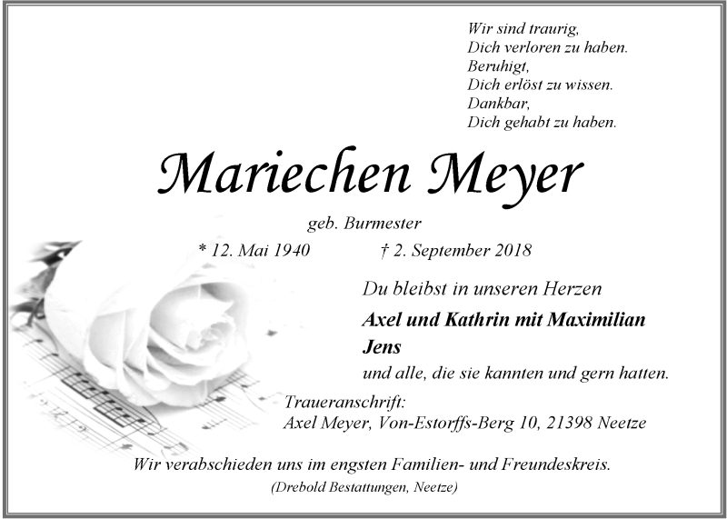 Traueranzeigen von Mariechen Meyer | Trauer-Lüneburg.de