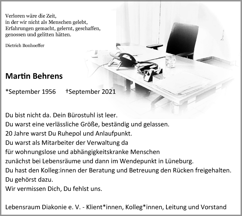 Traueranzeigen von Martin Behrens | Trauer-Lüneburg.de