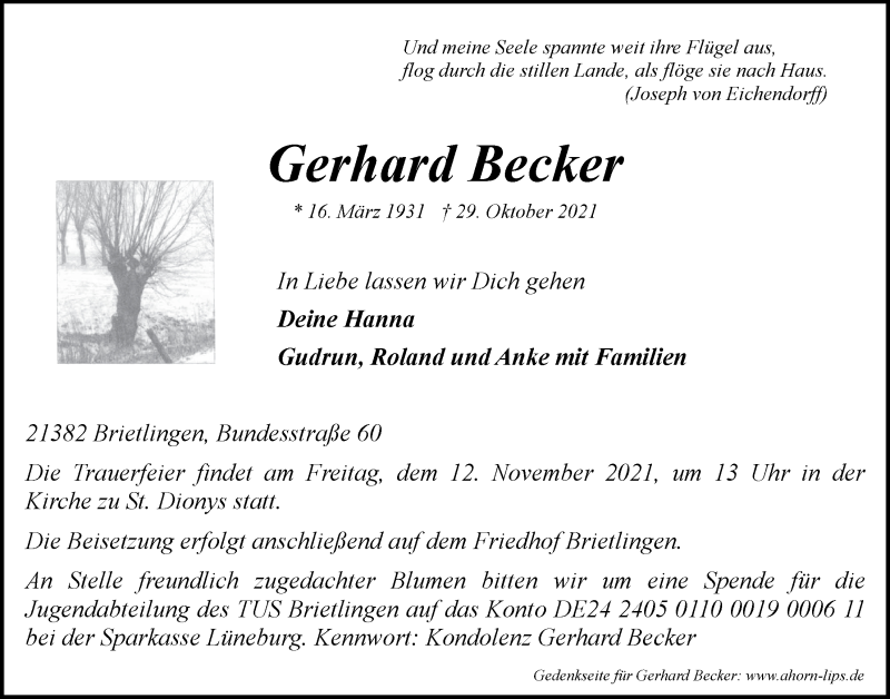 Traueranzeigen von Gerhard Becker | Trauer-Lüneburg.de