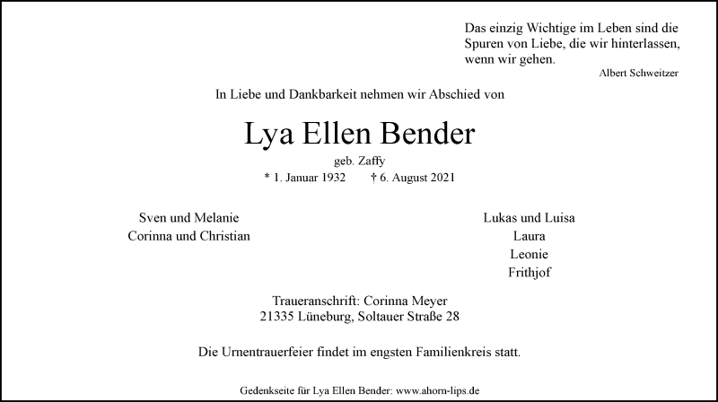Traueranzeigen von Lya Ellen Bender | Trauer-Lüneburg.de