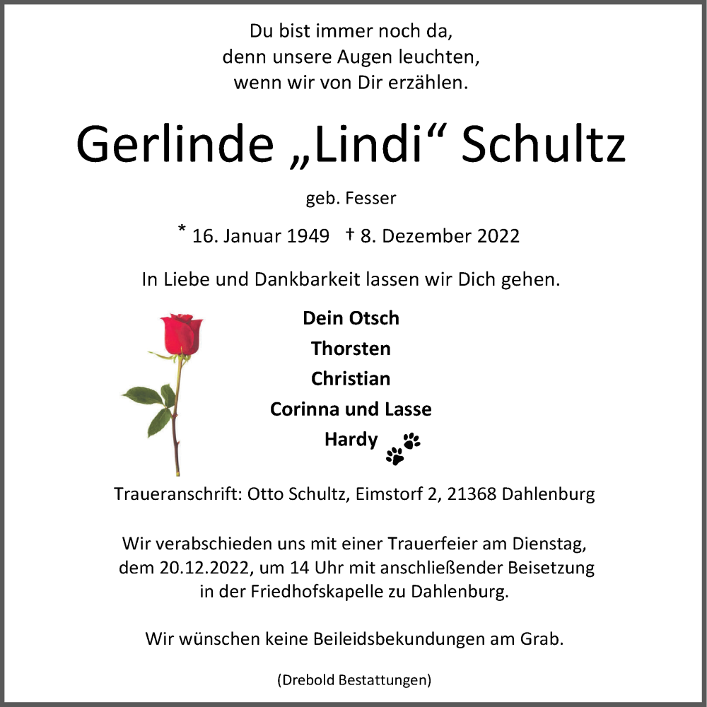 Traueranzeigen von Gerlinde Schultz | Trauer-Lüneburg.de