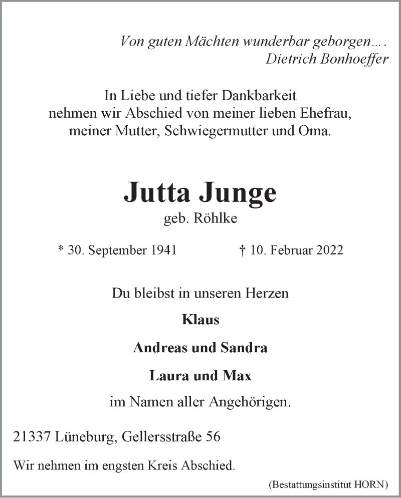 Traueranzeigen von Jutta Junge | Trauer-Lüneburg.de Traueranzeigen von Jutta Junge | Trauer-Lüneburg.de