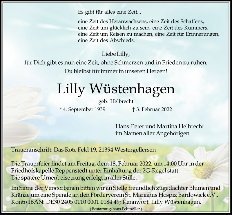 Traueranzeigen von Lilly Wüstenhagen | Trauer-Lüneburg.de