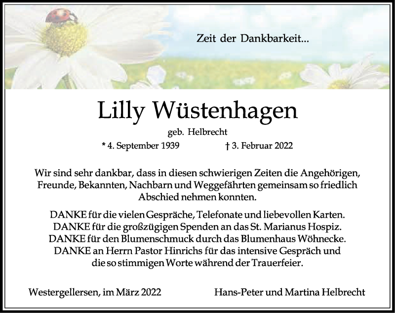 Traueranzeigen von Lilly Wüstenhagen | Trauer-Lüneburg.de