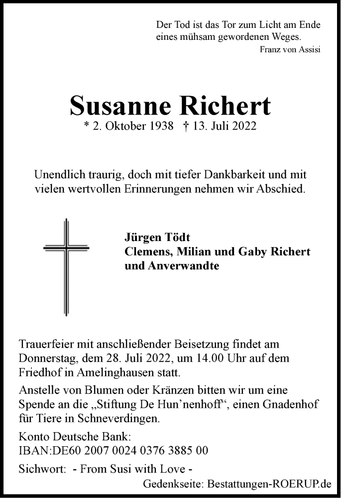 Traueranzeigen von Susanne Richert | Trauer-Lüneburg.de
