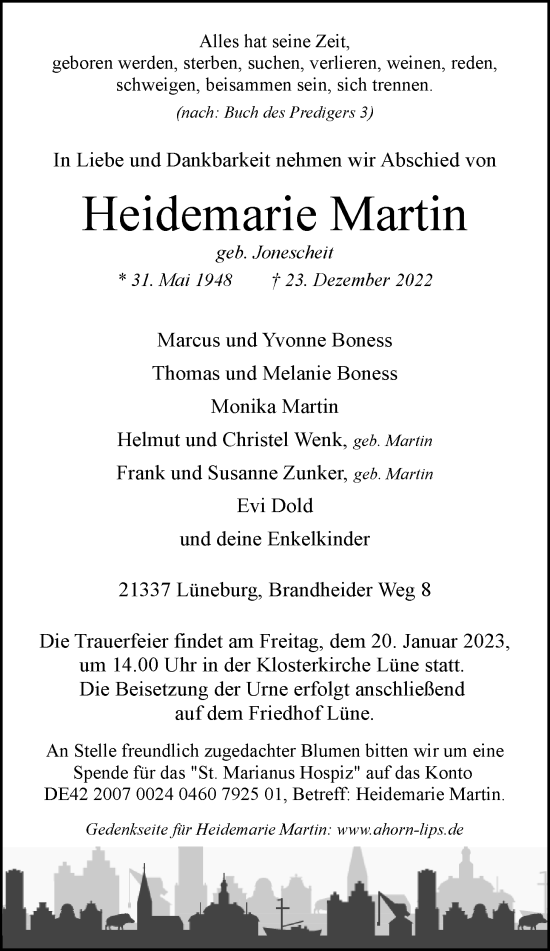 Traueranzeigen von Heidemarie Martin | Trauer-Lüneburg.de