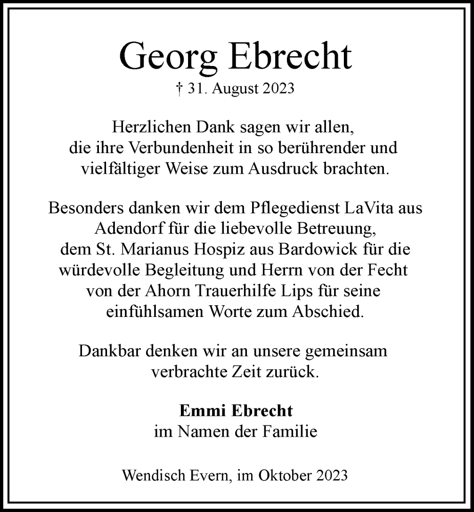 Traueranzeigen von Georg Ebrecht | Trauer-Lüneburg.de