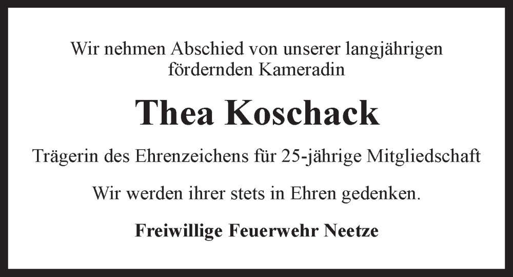 Traueranzeigen von Thea Koschack | Trauer-Lüneburg.de
