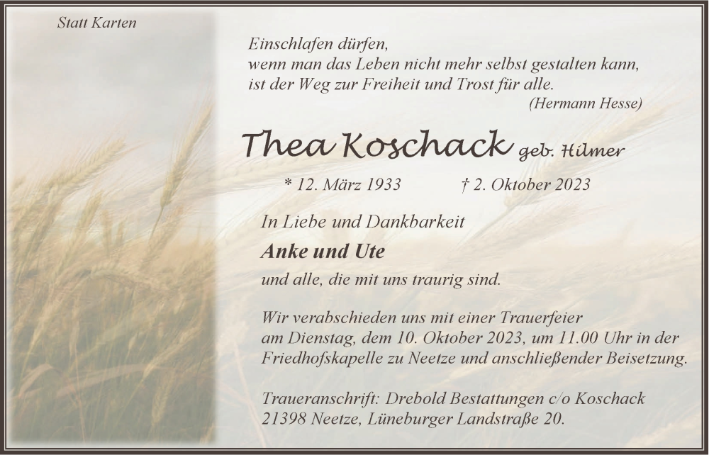 Traueranzeigen von Thea Koschack | Trauer-Lüneburg.de