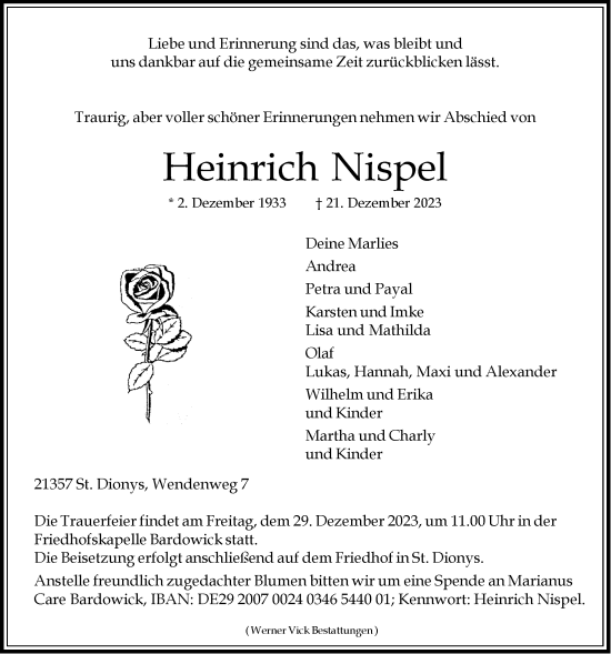Traueranzeigen von Heinrich Nispel | Trauer-Lüneburg.de