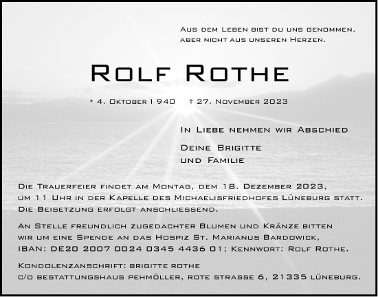 Traueranzeigen von Rolf Rothe | Trauer-Lüneburg.de