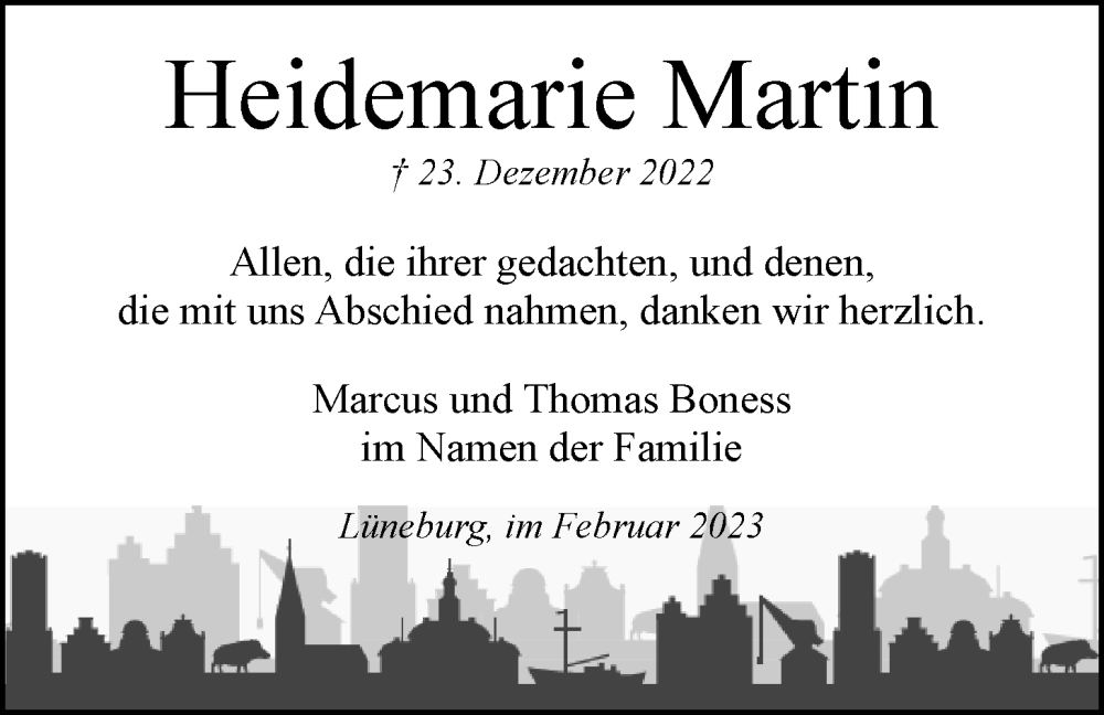 Traueranzeigen von Heidemarie Martin | Trauer-Lüneburg.de