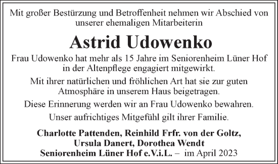 Traueranzeigen von Astrid Udowenko | Trauer-Lüneburg.de