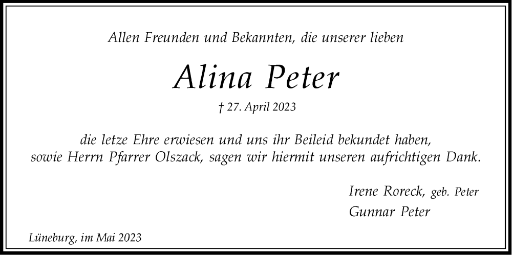 Traueranzeigen von Alina Peter | Trauer-Lüneburg.de