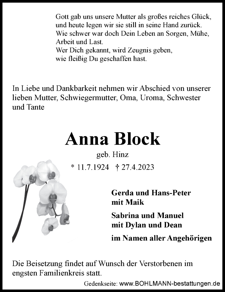 Traueranzeigen von Anna Block | Trauer-Lüneburg.de