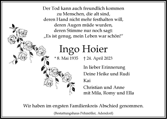 Traueranzeigen von Ingo Hoier | Trauer-Lüneburg.de