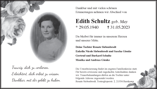 Traueranzeigen von Edith Schultz | Trauer-Lüneburg.de