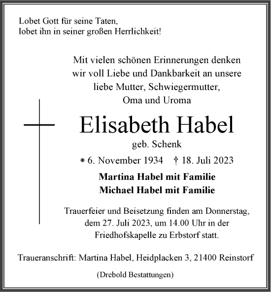 Traueranzeigen von Elisabeth Habel | Trauer-Lüneburg.de