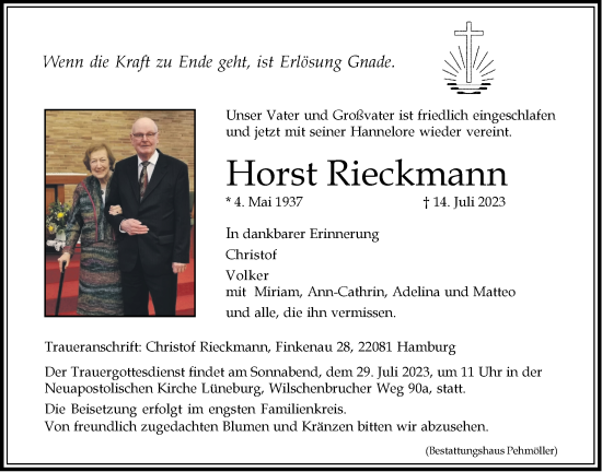 Traueranzeigen von Horst Rieckmann | Trauer-Lüneburg.de