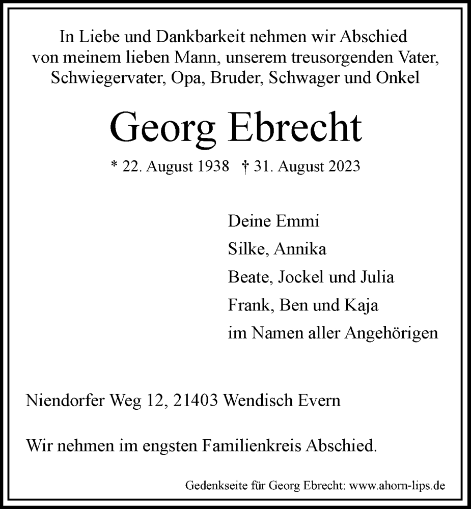 Traueranzeigen von Georg Ebrecht | Trauer-Lüneburg.de