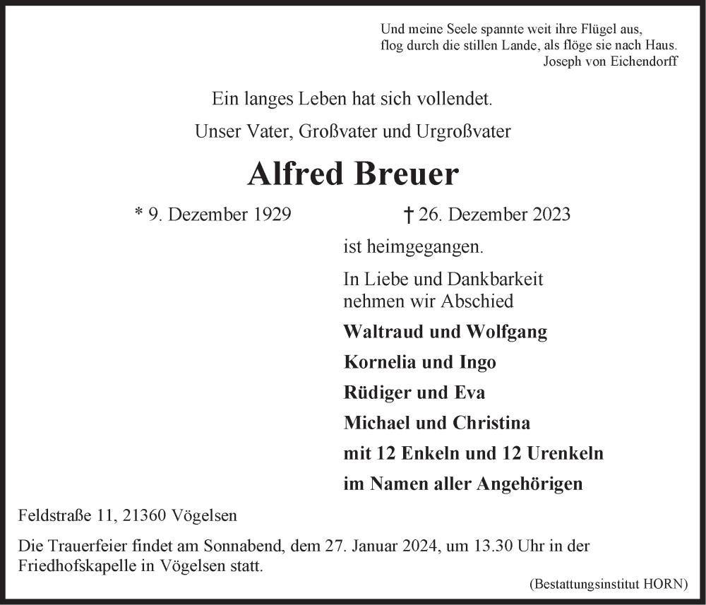 Traueranzeigen von Alfred Breuer | Trauer-Lüneburg.de