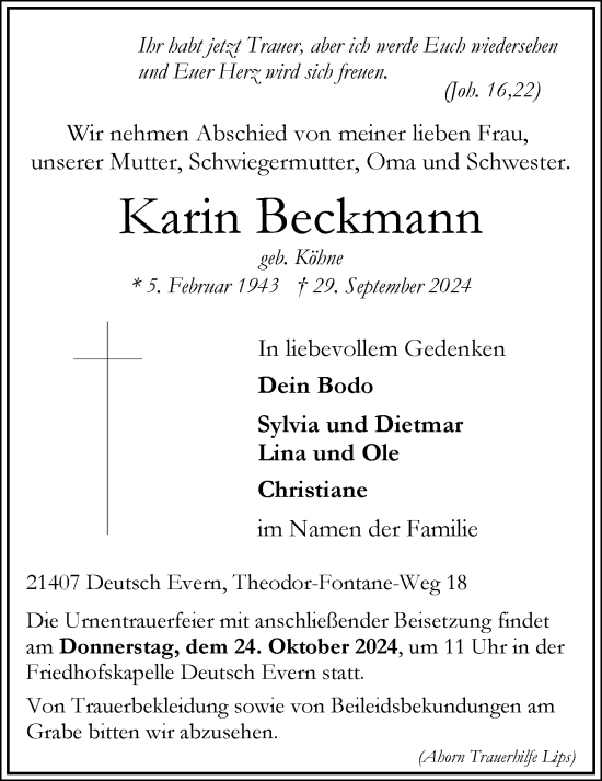 Traueranzeigen von Karin Beckmann | Trauer-Lüneburg.de