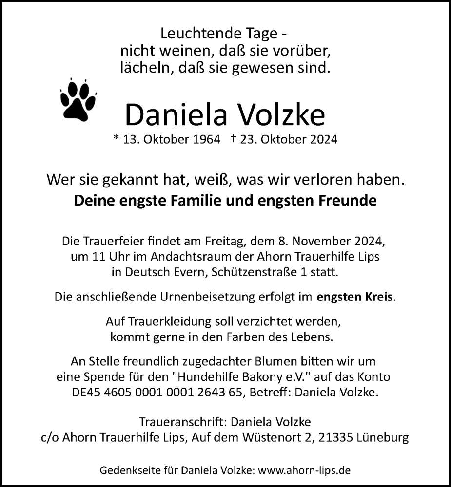 Traueranzeigen von Daniela Volzke | Trauer-Lüneburg.de