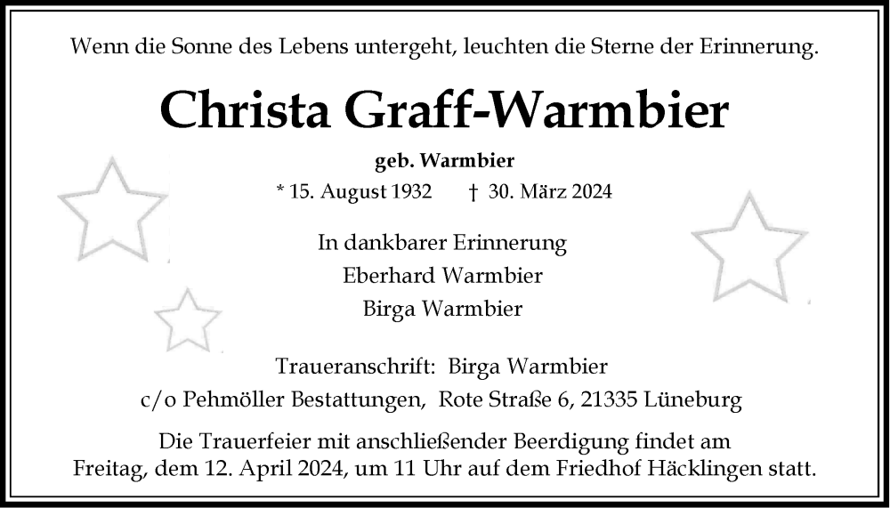 Traueranzeigen von Christa Graff-Warmbier | Trauer-Lüneburg.de