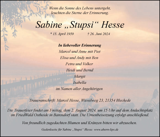 Traueranzeigen von Sabine Hesse | Trauer-Lüneburg.de