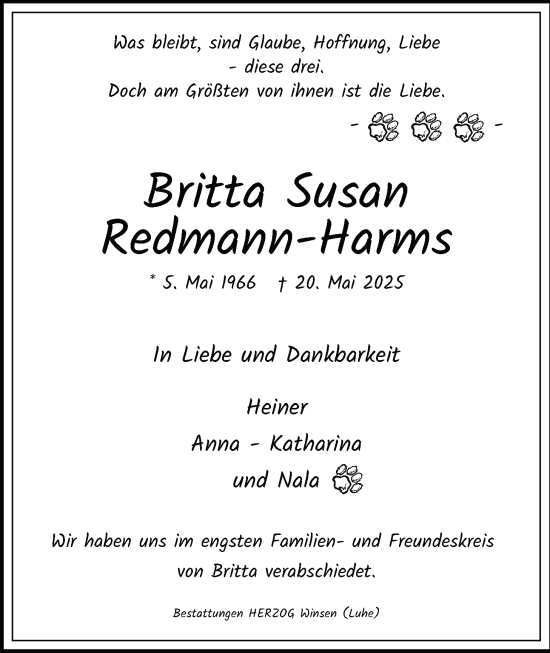 Traueranzeigen von Britta Susan Redmann-Harms | Trauer-Lüneburg.de